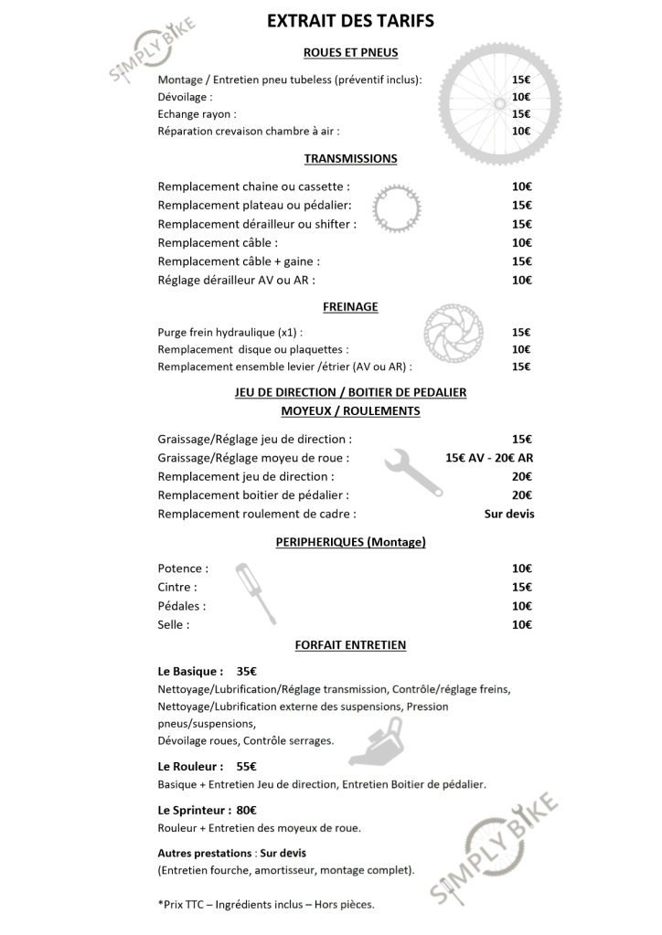 Tarifs – REPARATION CYCLE JACOU